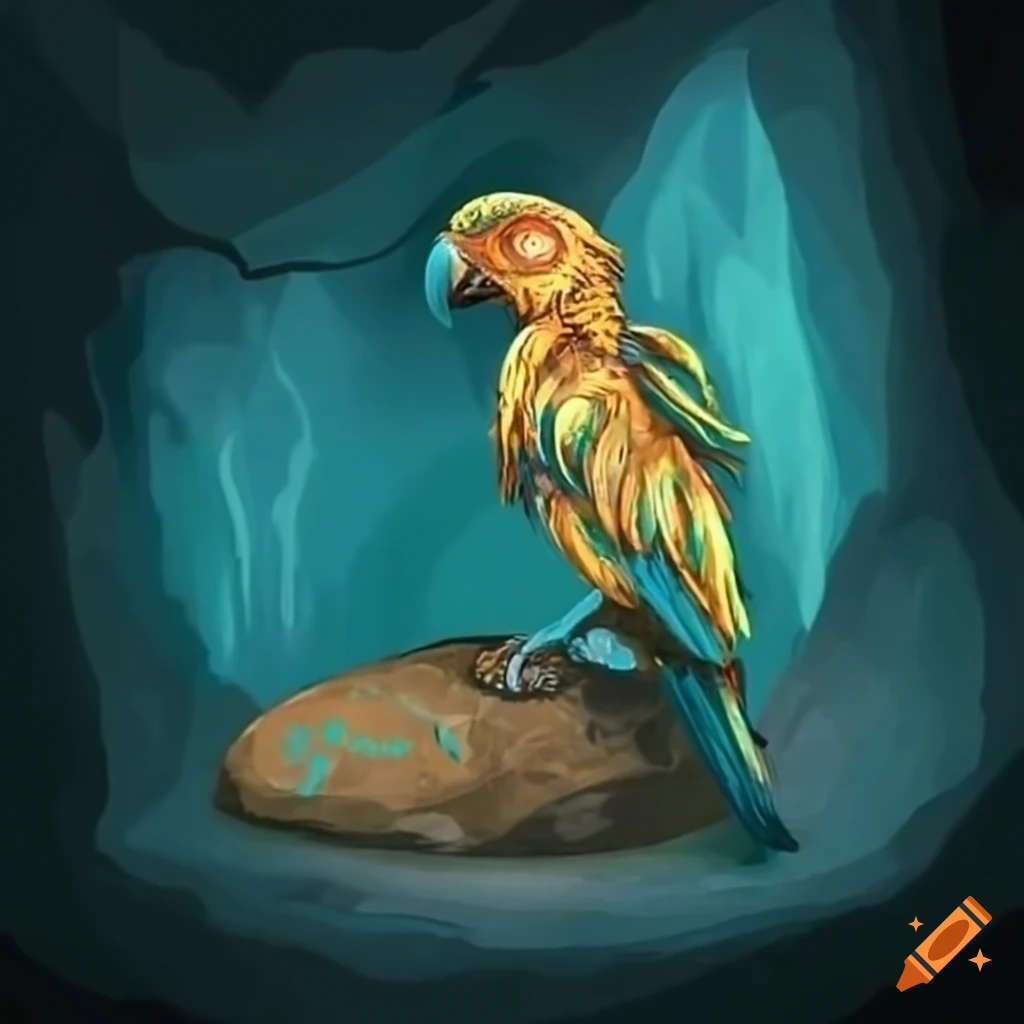Skeletal parrot perched in an enchanted cave on Craiyon