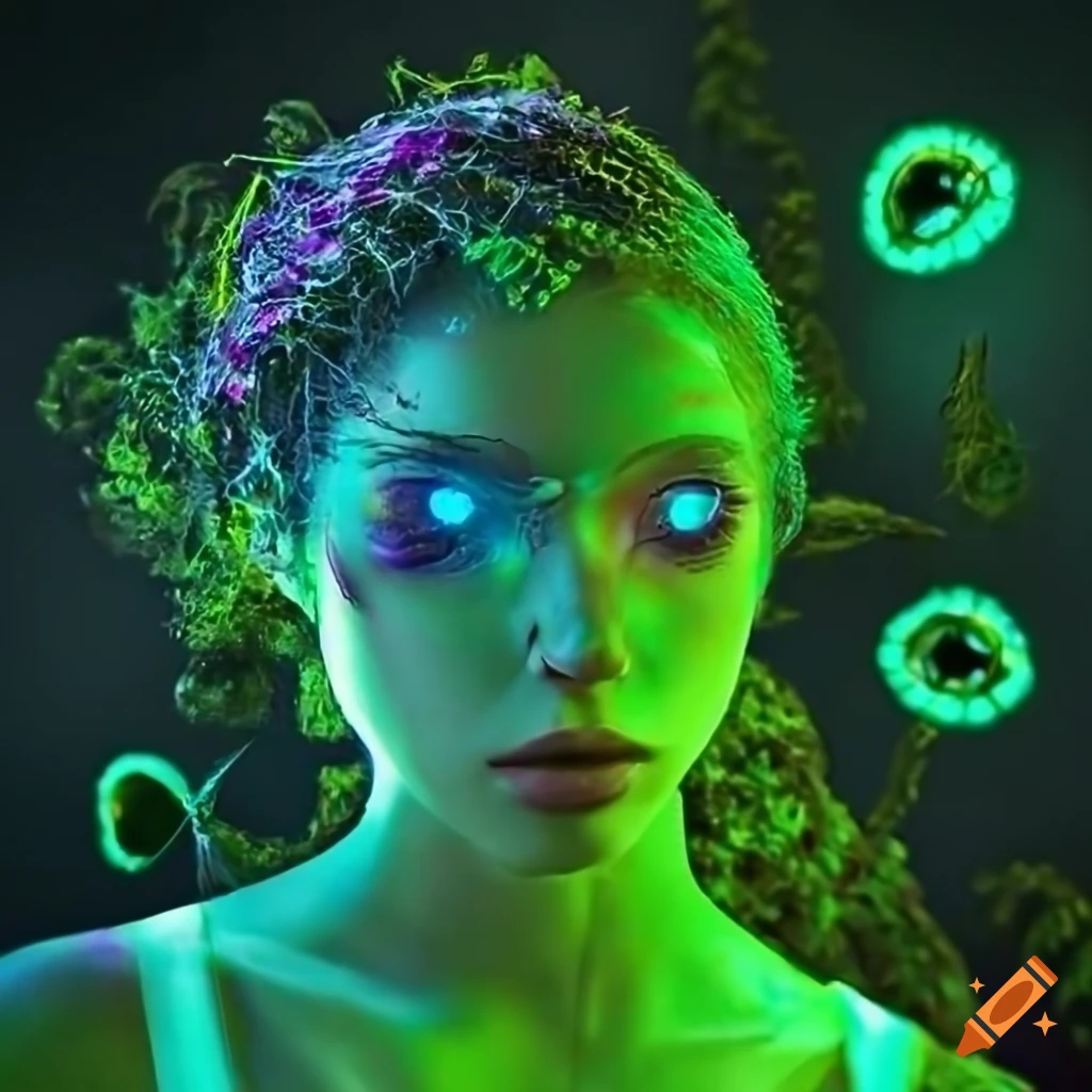 Glowing biopunk cityscape with cyborg mermaid goddesses and biological ...