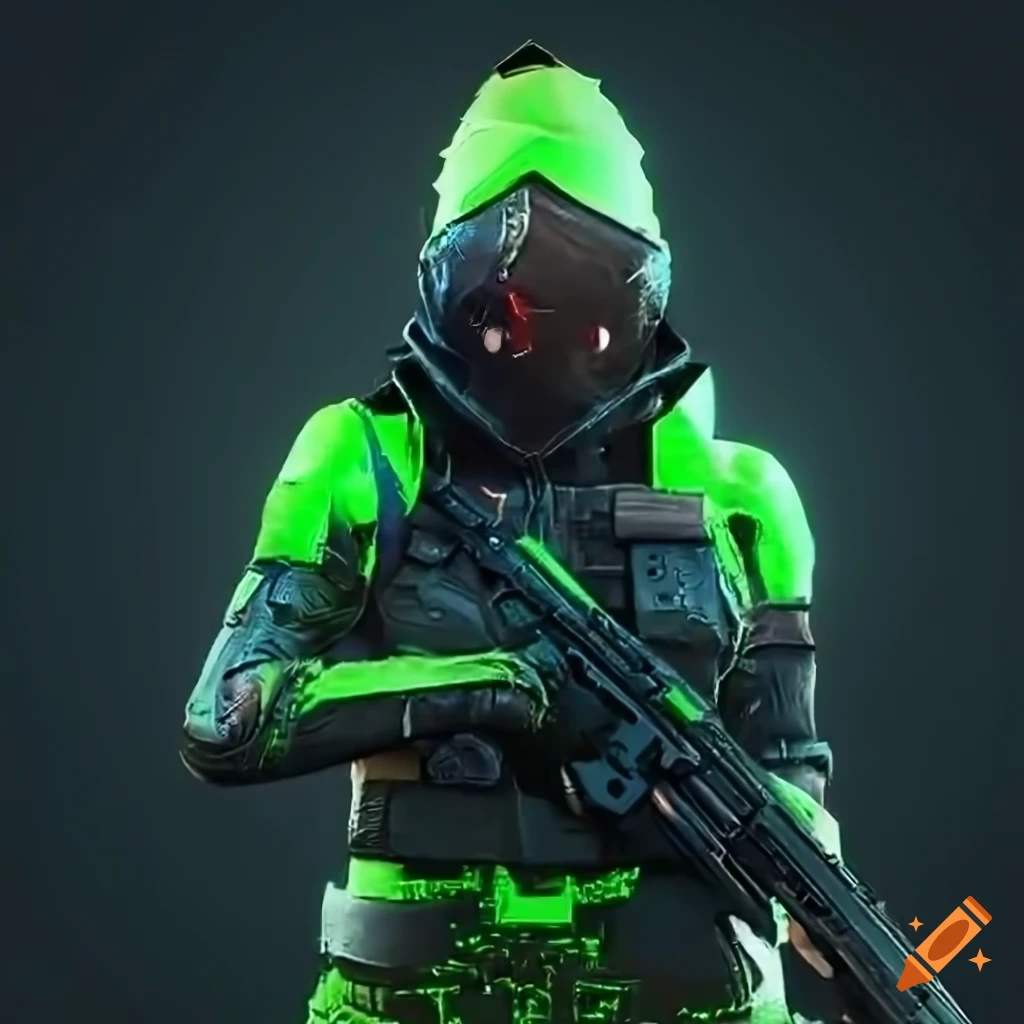 Futuristic cyberpunk vigilante riot in neon green helmet and ...