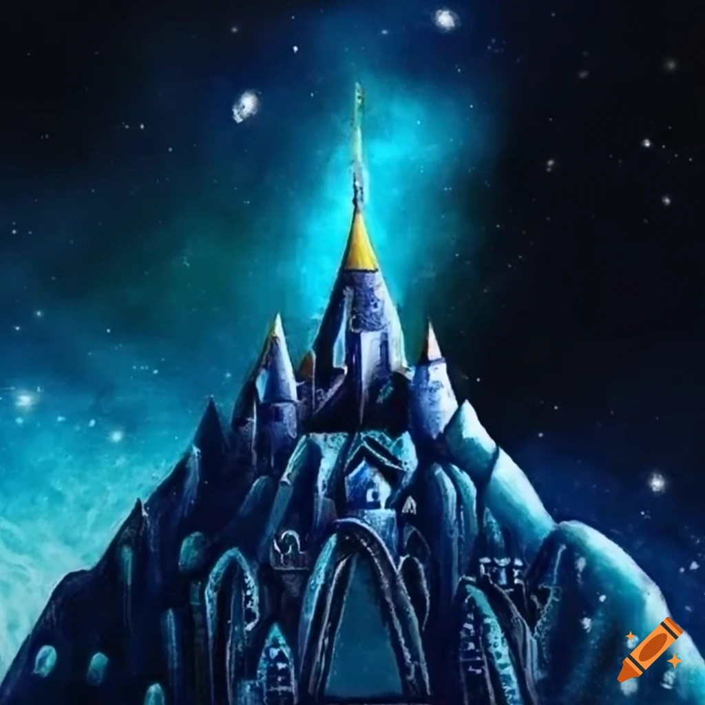 Crayon drawing of an outer space castle on Craiyon