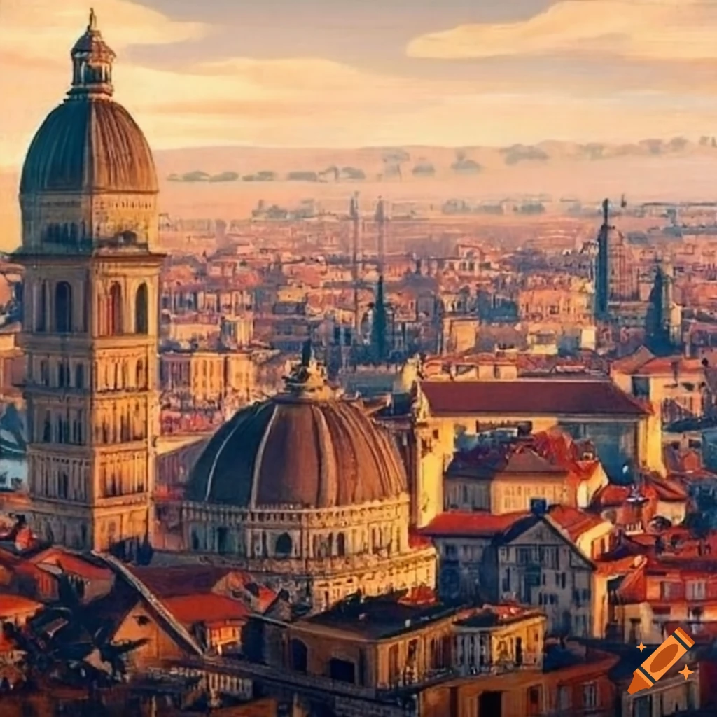 Realistic renaissance city panorama with people walking around on Craiyon