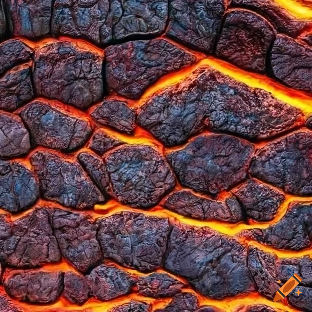 Intricately textured dragon scales resembling stone against fiery lava ...