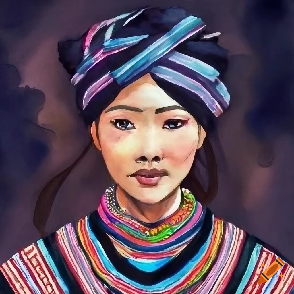 Handmade blue ink drawing of a person in hmong chinese outfit with ...