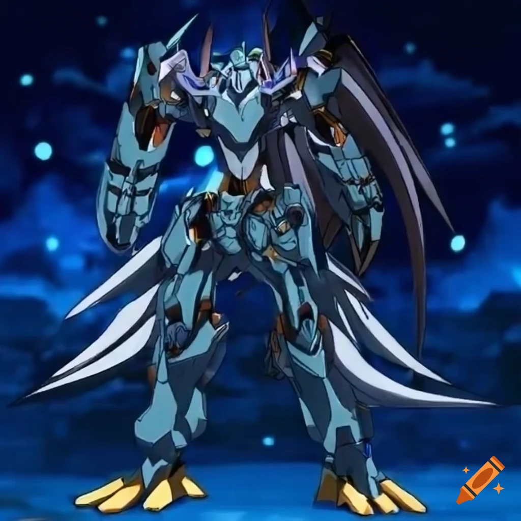 Mecha robot reminiscent of digimon-style anime on Craiyon