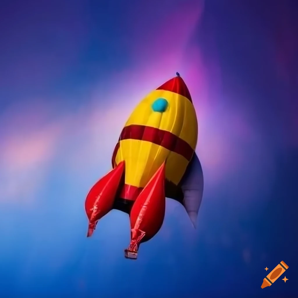 Colorful rocket-shaped hot air balloon ascending into the sky on Craiyon