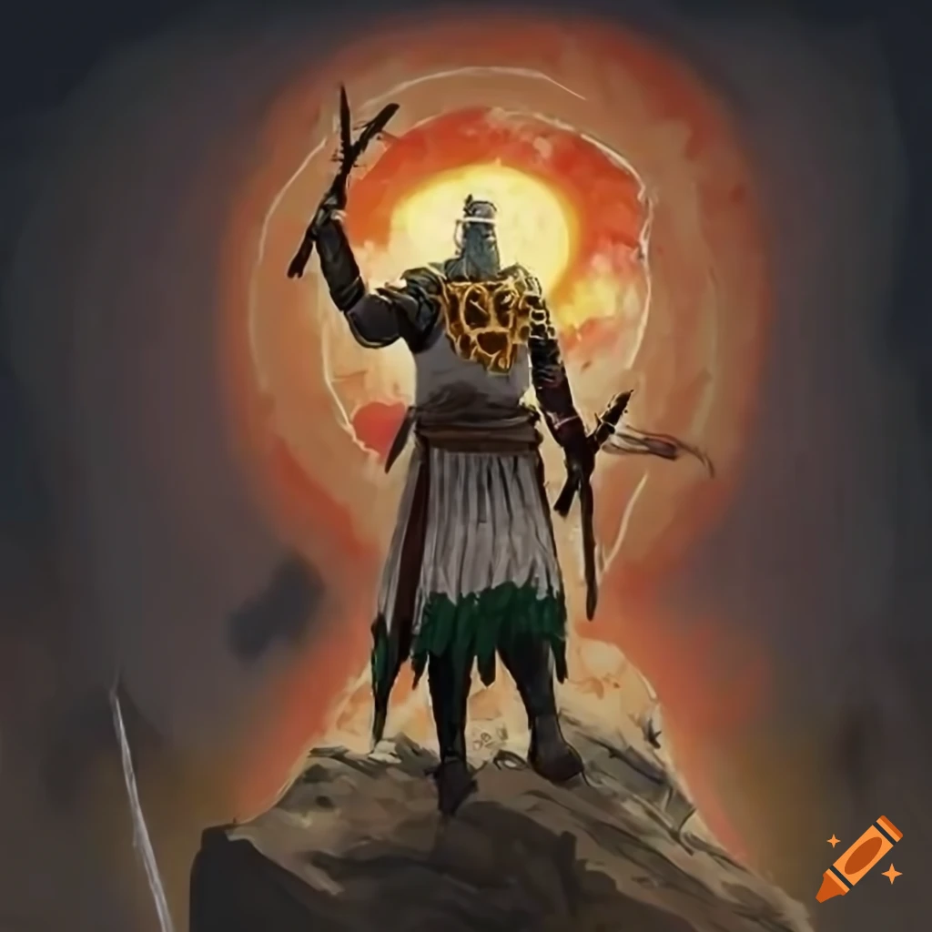 Dark souls character solaire in striking armor praising the sun on Craiyon