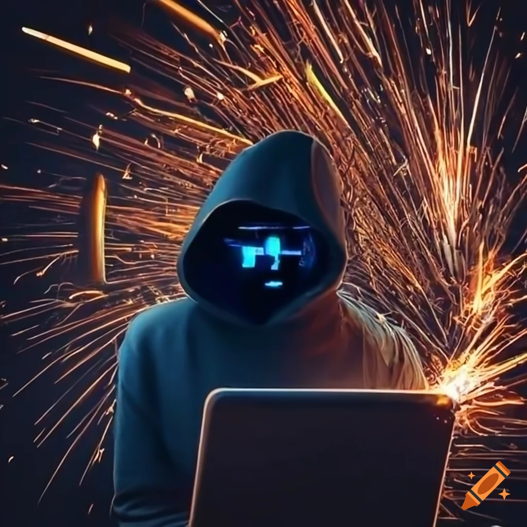 Mysterious hacker figure at a computer surrounded by sparks on Craiyon
