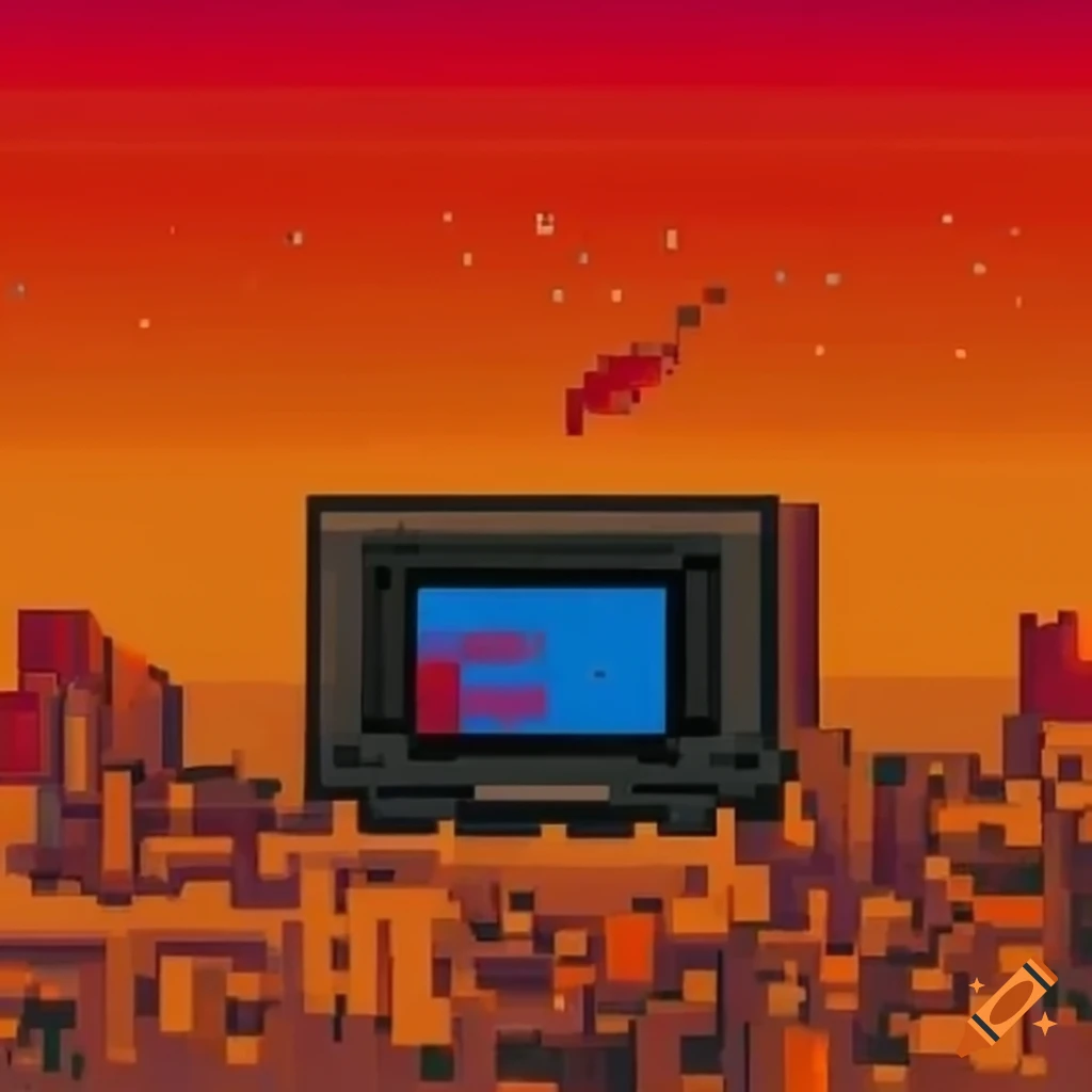 Interactive destroyed city with broken computer terminal in 8-bit style ...