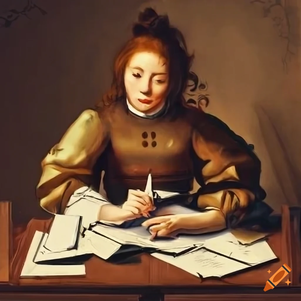 Person at a table taking notes on papers in a 1450s style on Craiyon