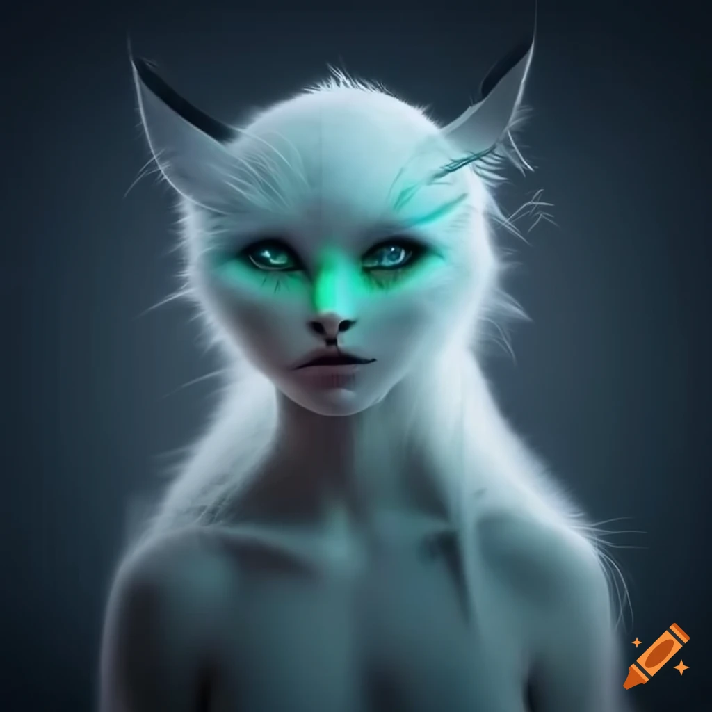 White cat-human hybrid with green eyes and long fur on Craiyon