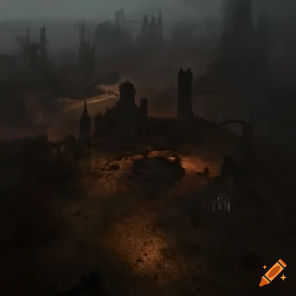 Aerial view of a hellish landscape with diseased villages, poisonous marshes, and polluting ...