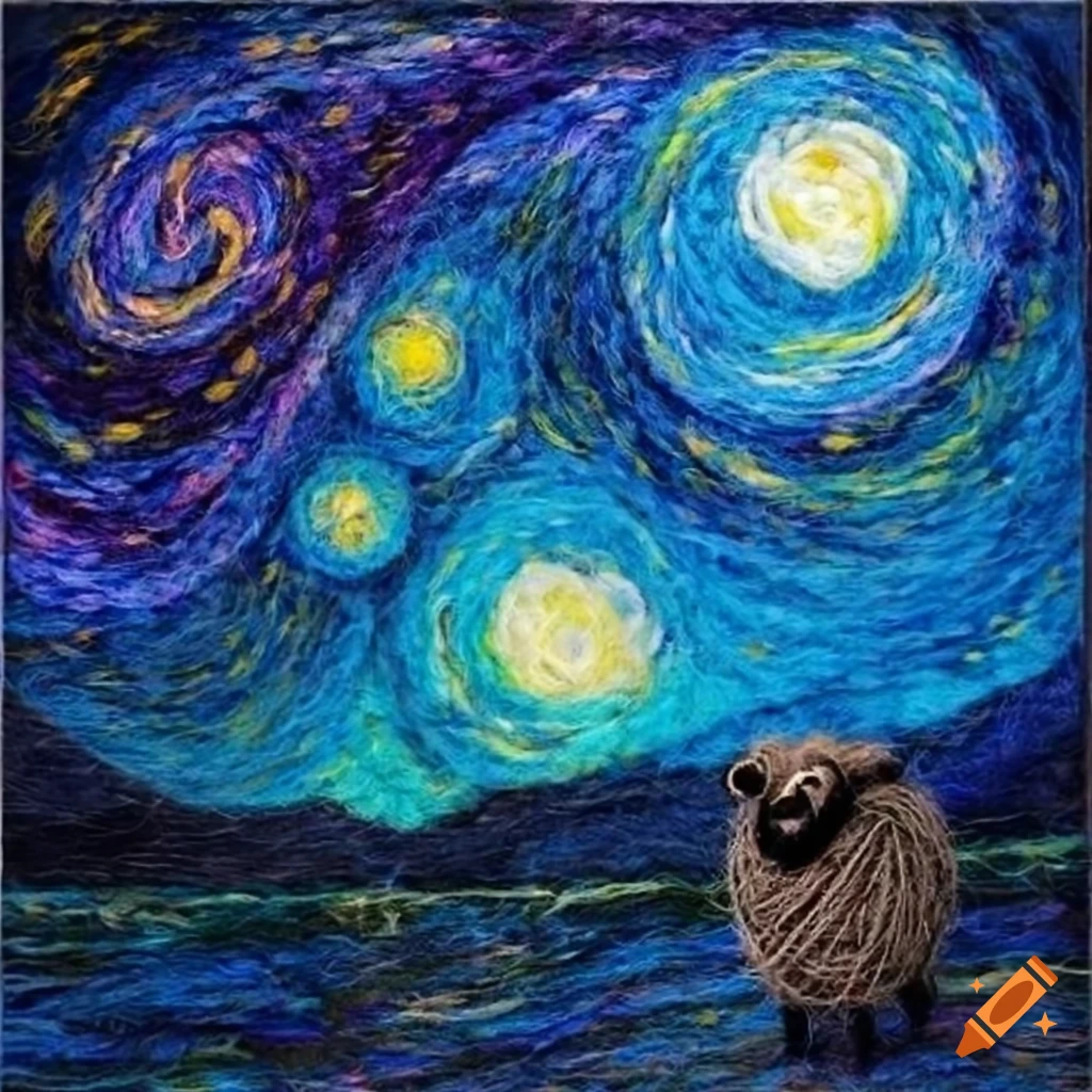 Colorful felted wool sheep resembling starry night yarn stitching on ...