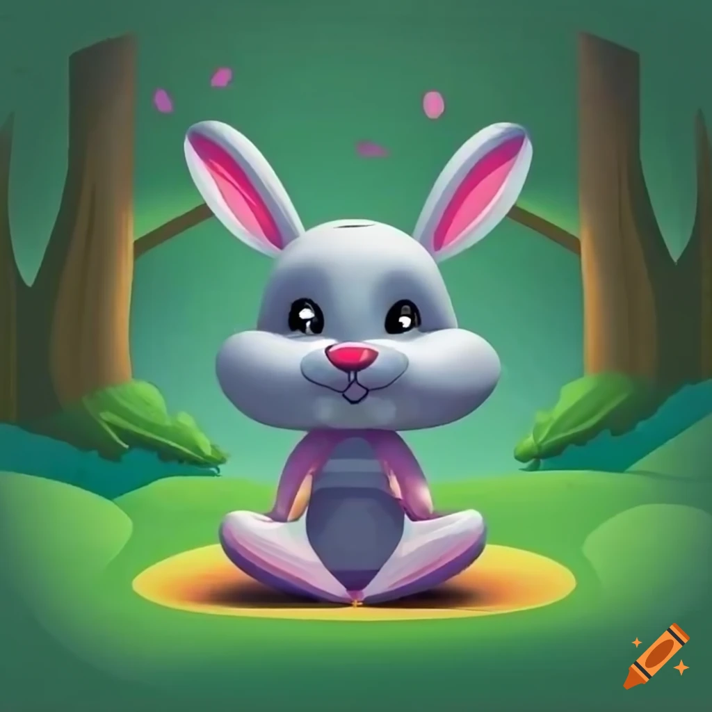 Expressive cartoon rabbit practicing yoga in the woods on Craiyon