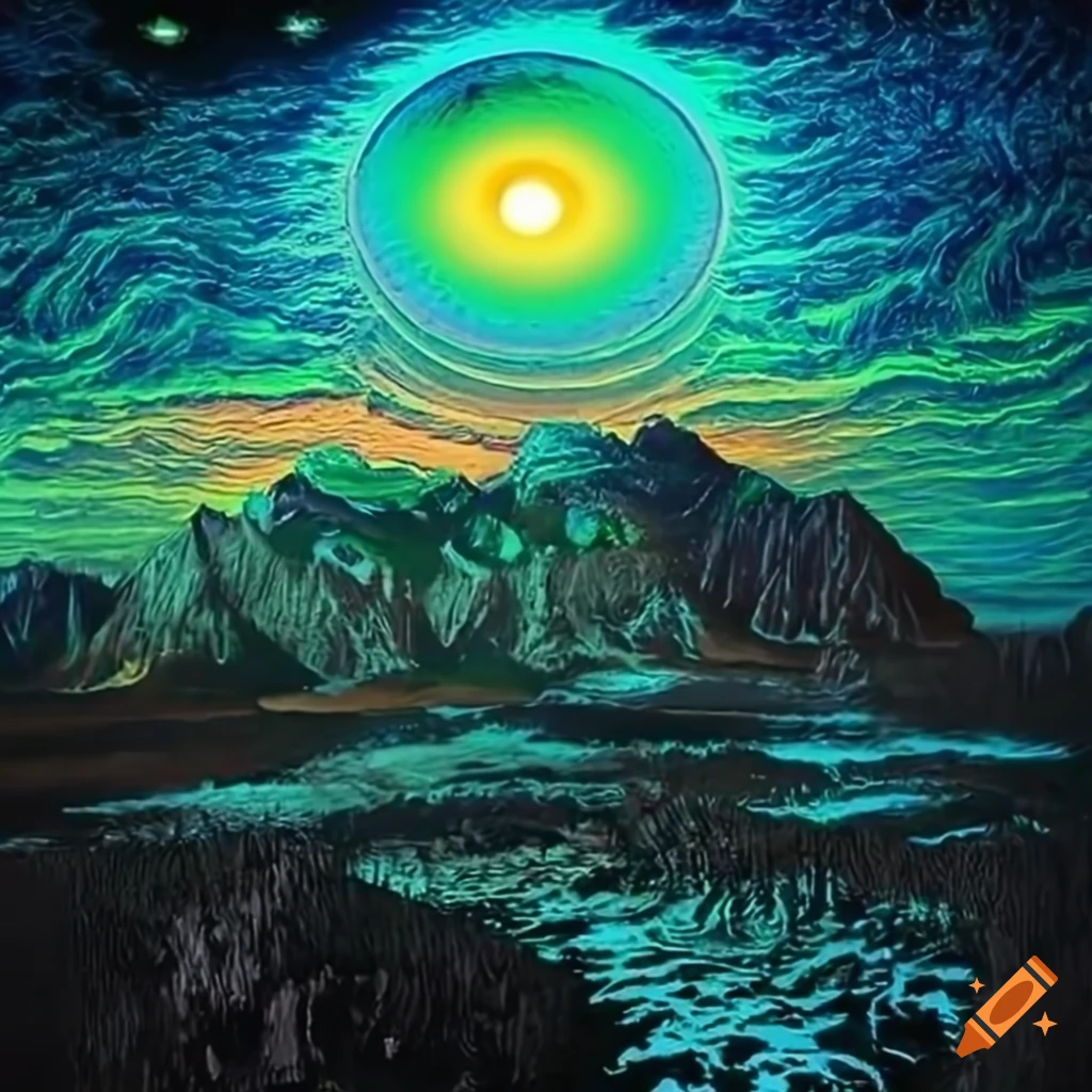 Acidic trippy mountain landscape with droid beings in art nouveau style ...