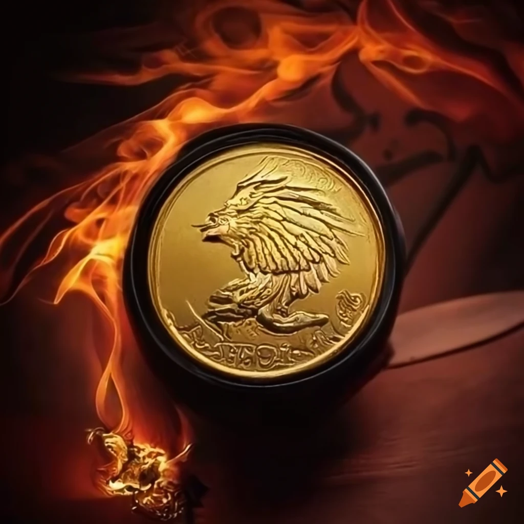 Gold coin with engraving of phoenix in fire and wings spread on Craiyon