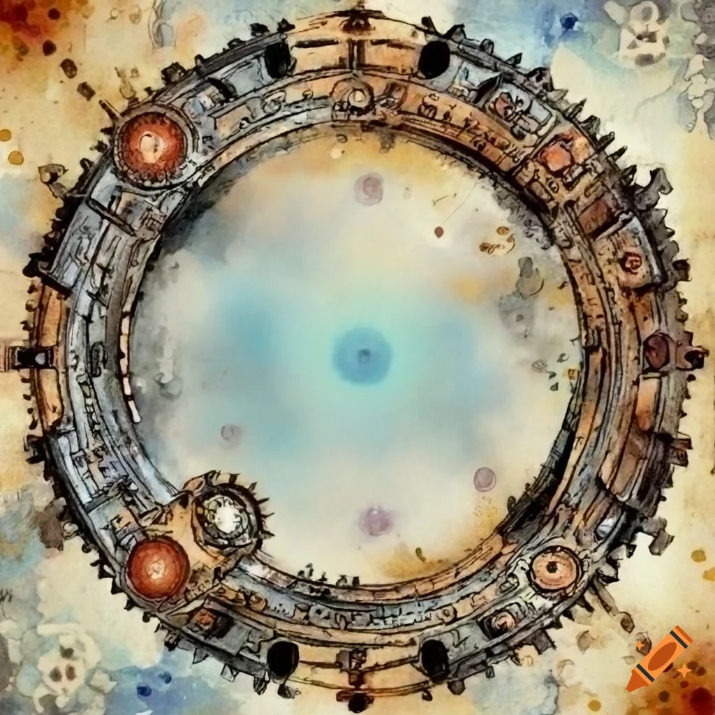 Detailed schematic of a steampunk-inspired stargate ring with gears and ...