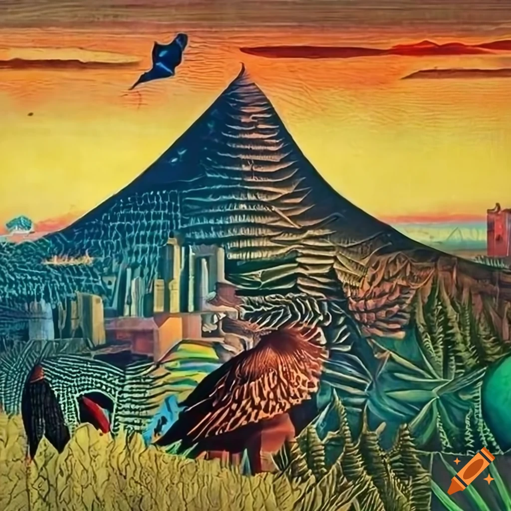 4k surrealistic mountain landscape with hawks in a science fiction ...