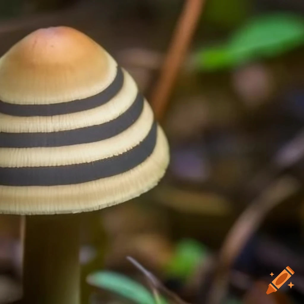 8-inch tall skinny beige mushrooms with black stripes in a foggy swamp ...