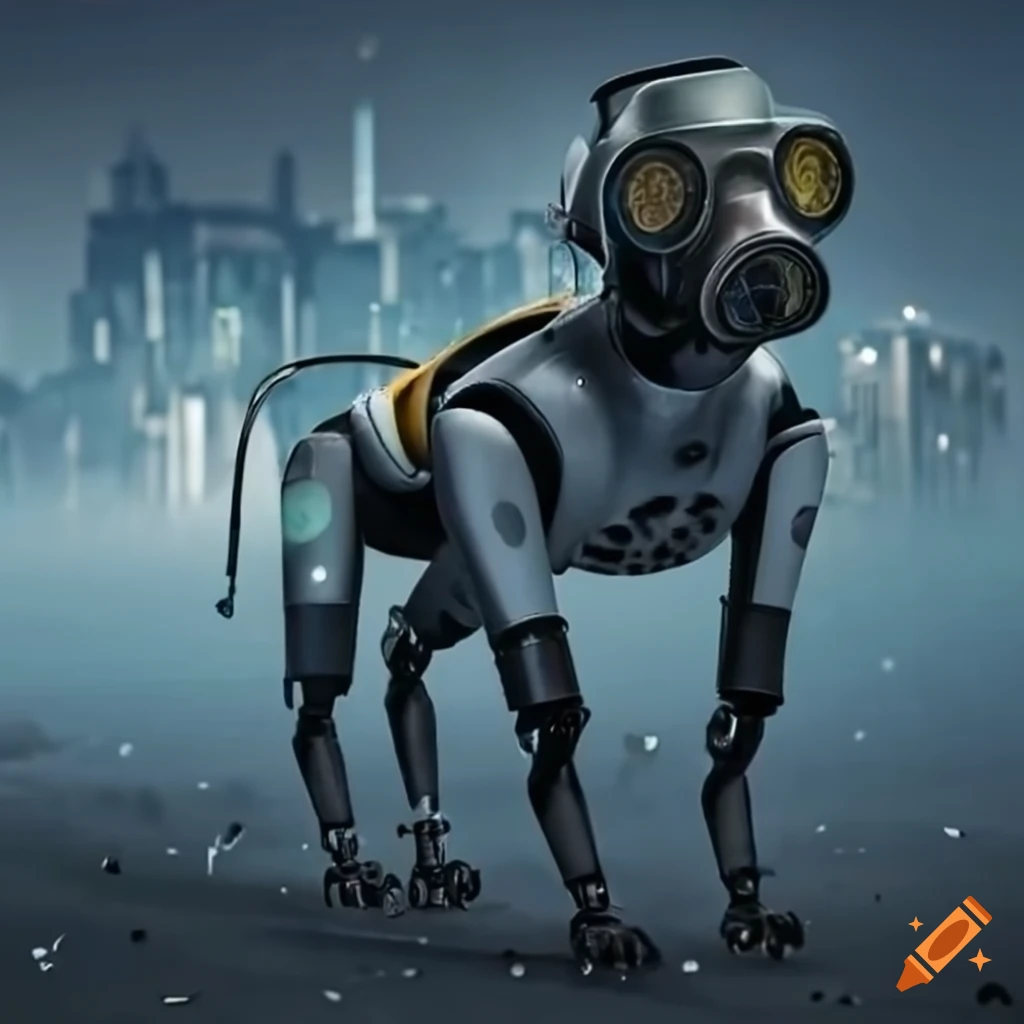 Innovative robot dog with gas mask in a polluted cityscape on Craiyon