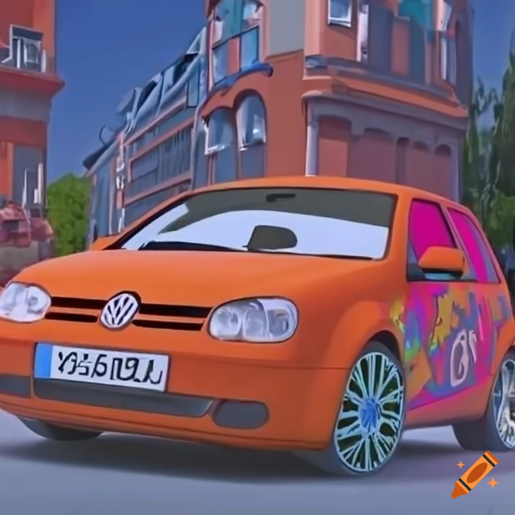 Colorful animated vw golf mk4 from 'cars' movie on Craiyon