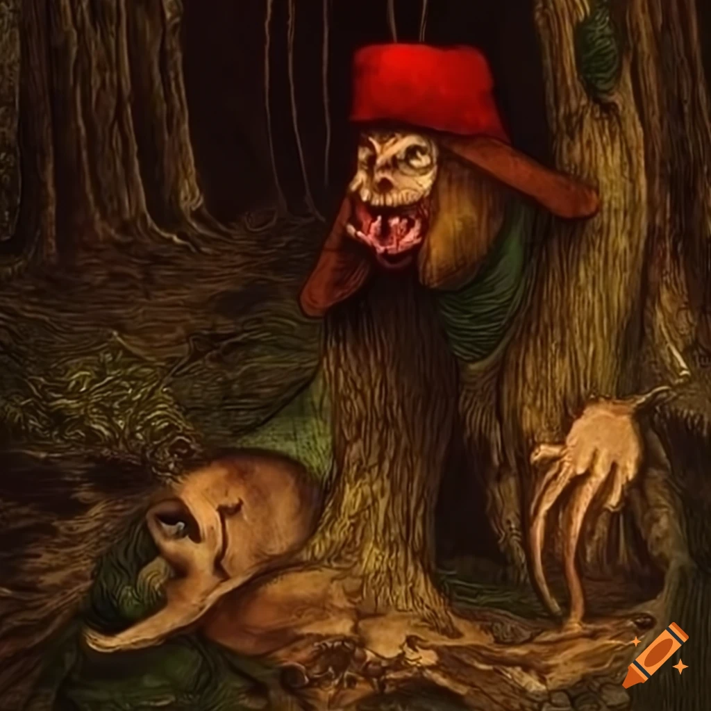 Red-cap malevolent creature from European folklore in a forest setting ...