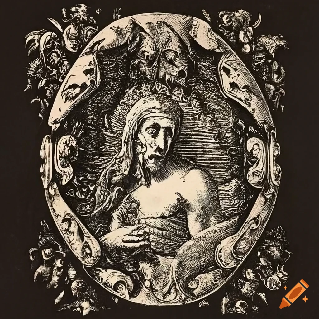 Baroque etching of the devil as the shadow of jesus in an ancient holy ...