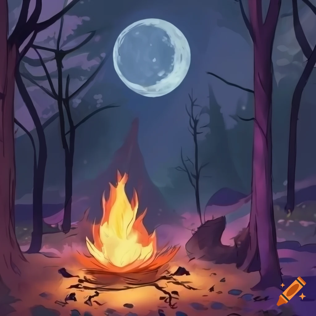 Bonfire in the woods under a full moon in anime art style on Craiyon
