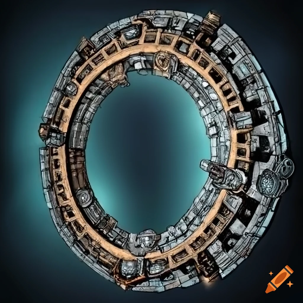 Detailed schematic of a steampunk-inspired stargate ring with gears and ...