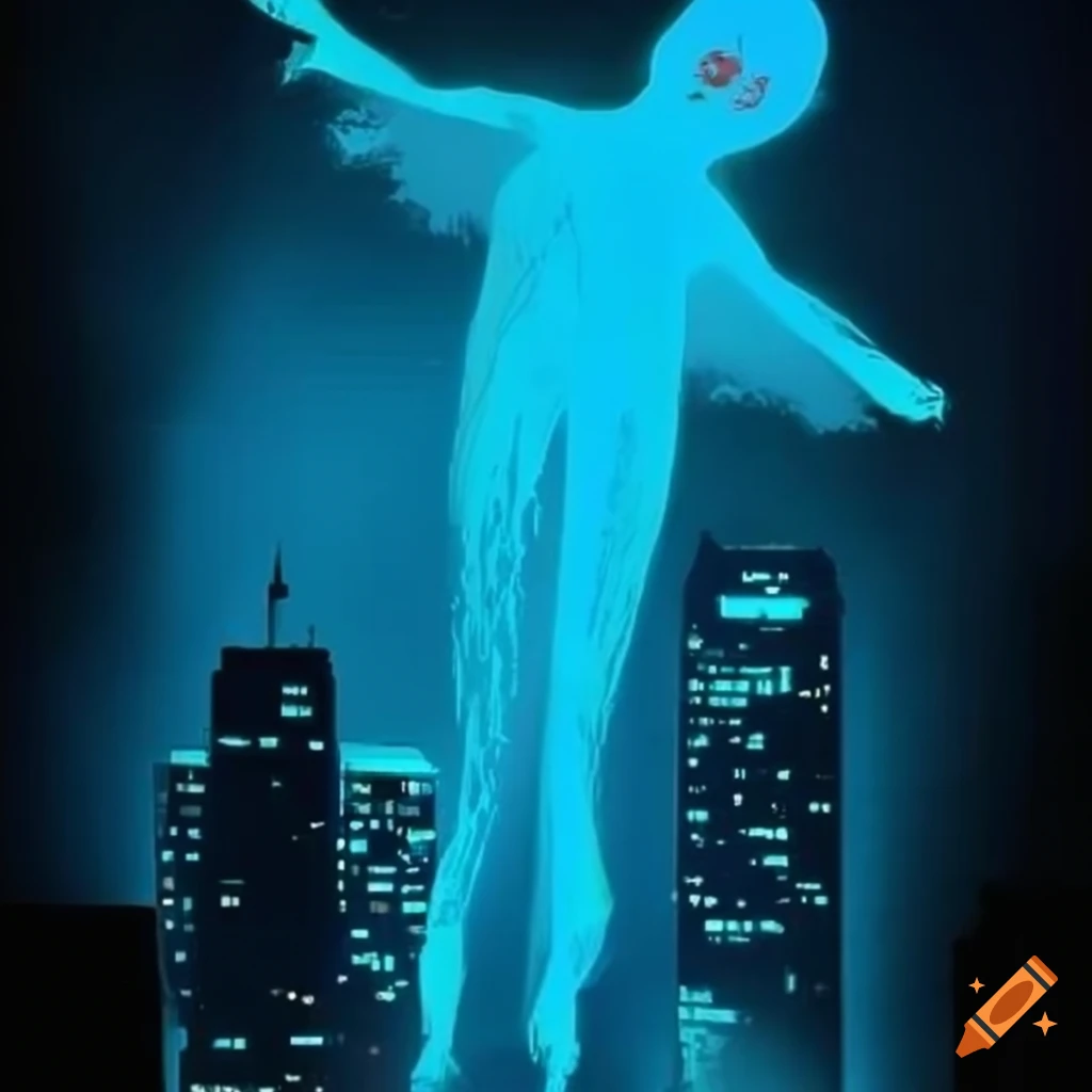 Surreal retro sci-fi poster of a glowing ghost creature carrying a ...