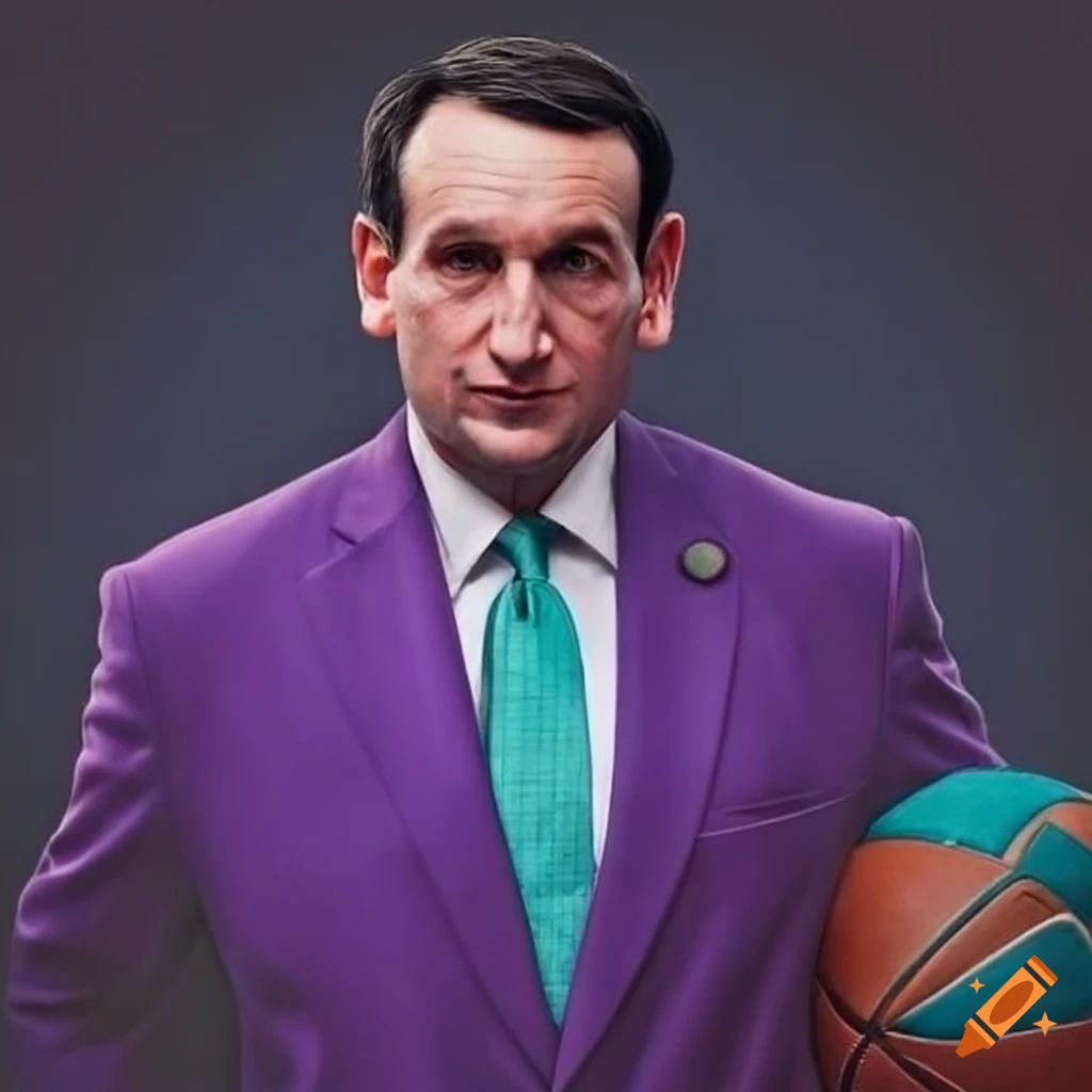Coach K in purple suit with teal tie holding basketball in basketball ...