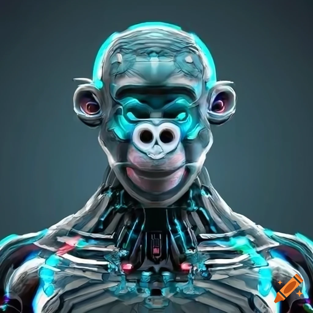 Futuristic ape character with advanced technology and glowing eyes on ...