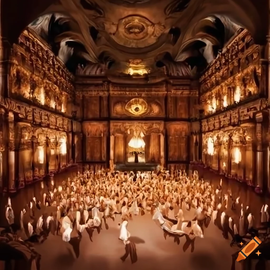 Realistic medieval ballroom with ballet dancers, musicians, and the ...