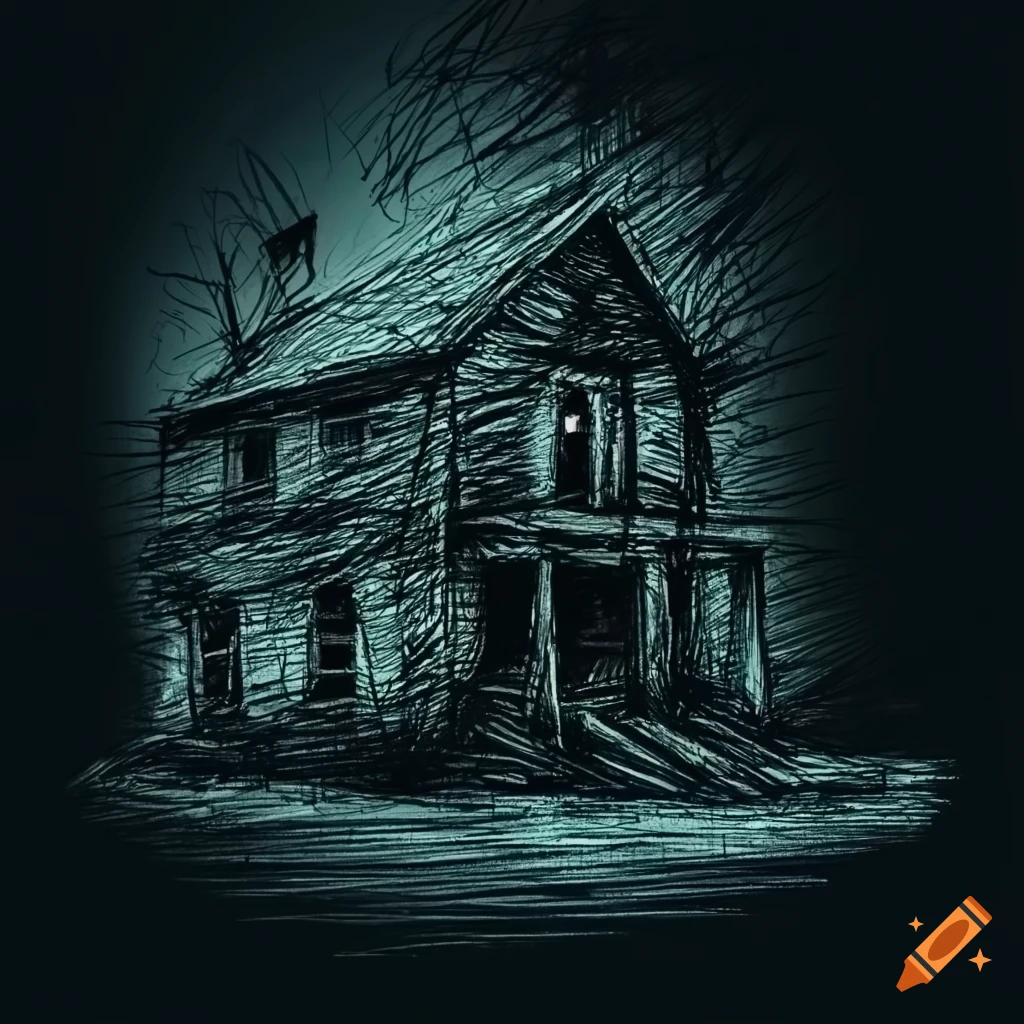 Scribble drawing of an abandoned house at night on Craiyon