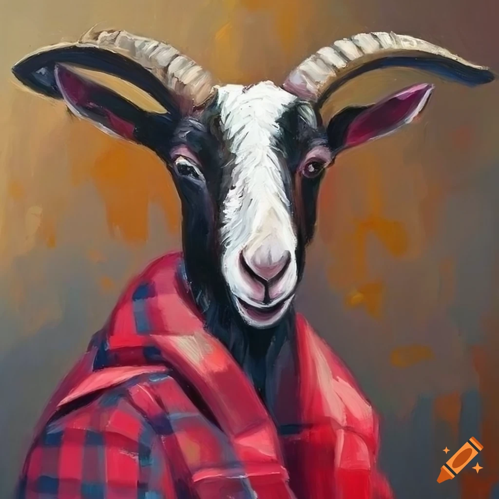 Goat wearing a red plaid jacket in an oil painting on Craiyon