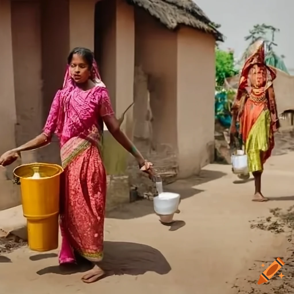 Women fetching water from a manual hand pump in a village market scene ...