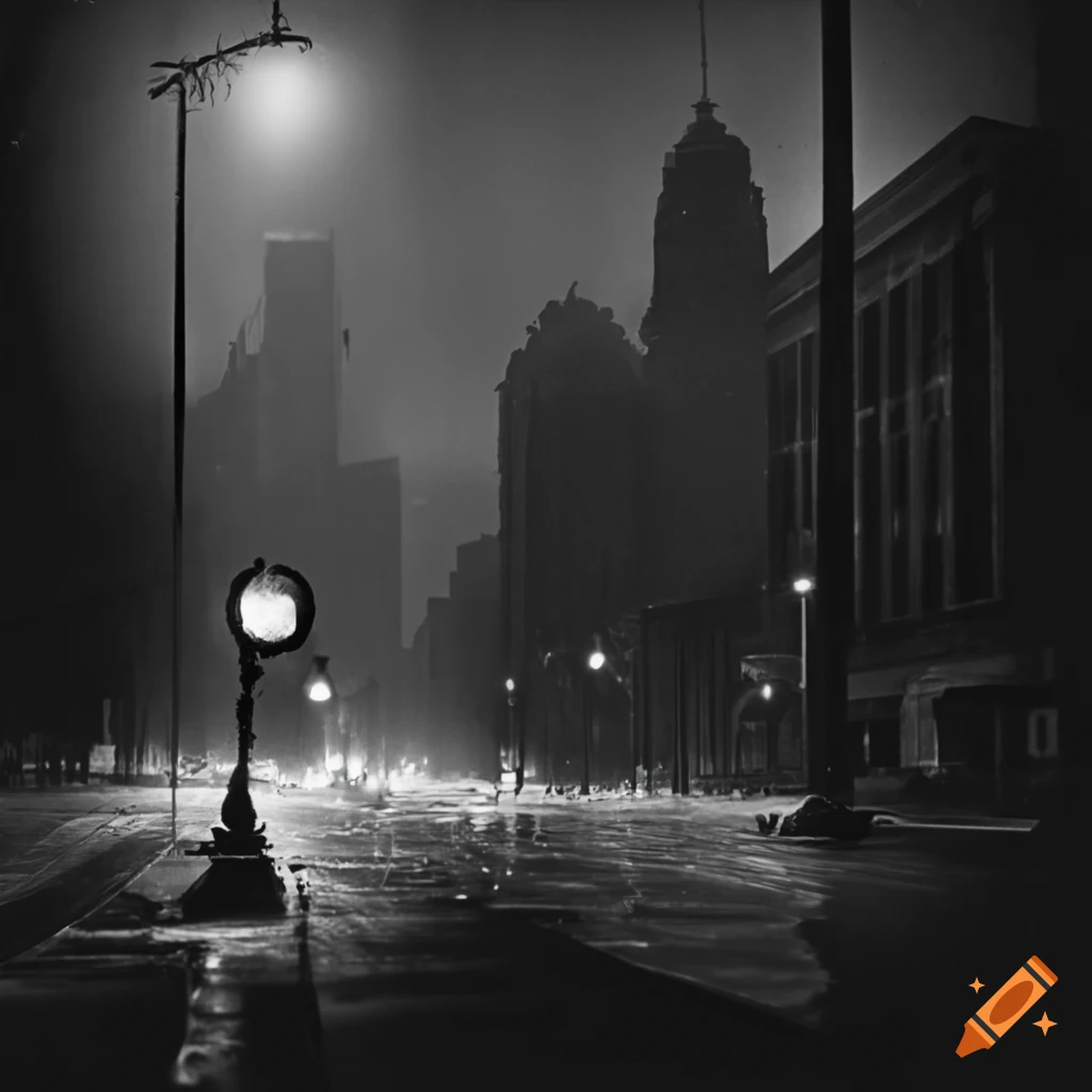 Dark and gritty 1940s Los Angeles night scene in the rain on Craiyon