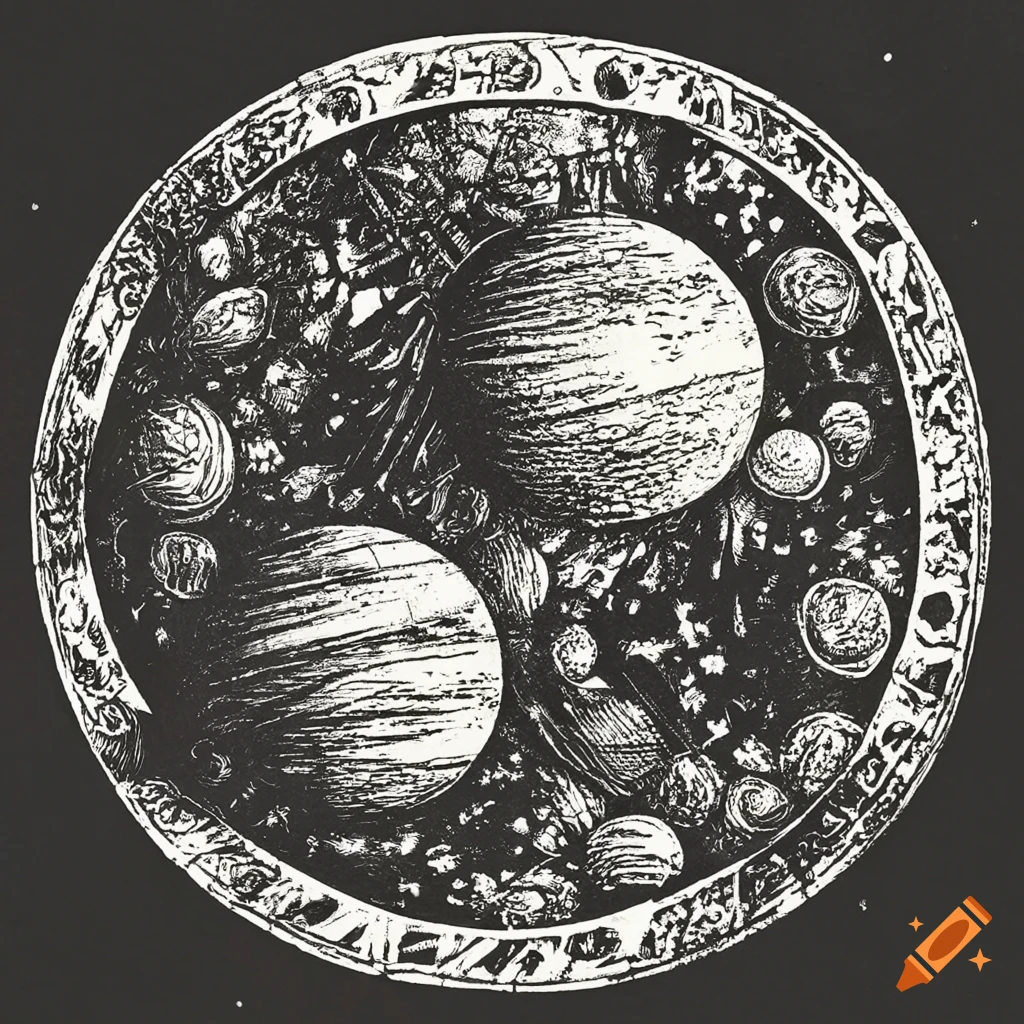 Intricate ancient etchings of celestial bodies in monochrome woodcut ...