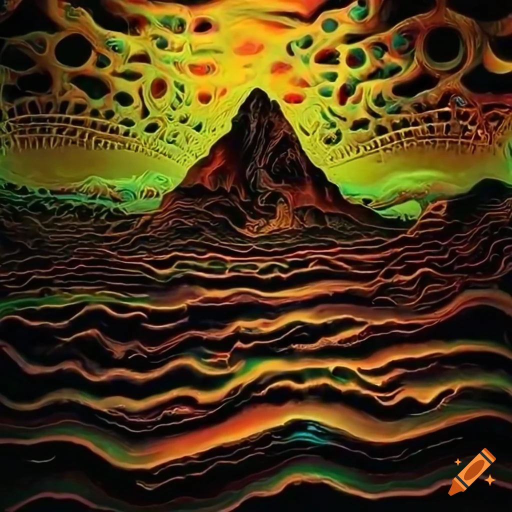 Acidic trippy mountain landscape with droid beings in art nouveau style ...