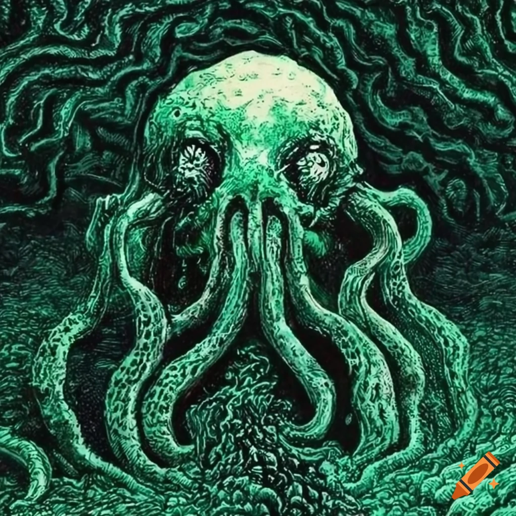 Giant octopus head Cthulhu ink drawing by Gustave Dore on Craiyon