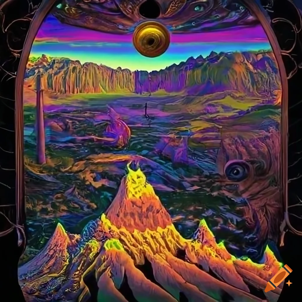 Acid trippy mountain landscape with droid beings in a surreal setting ...