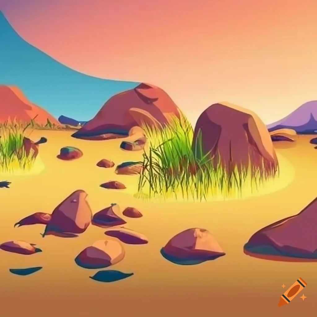 Cartoonish desert habitat with rocks and grass on Craiyon