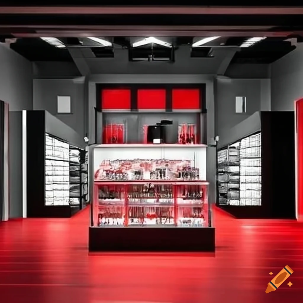 Sleek red and black interior design for a store on Craiyon