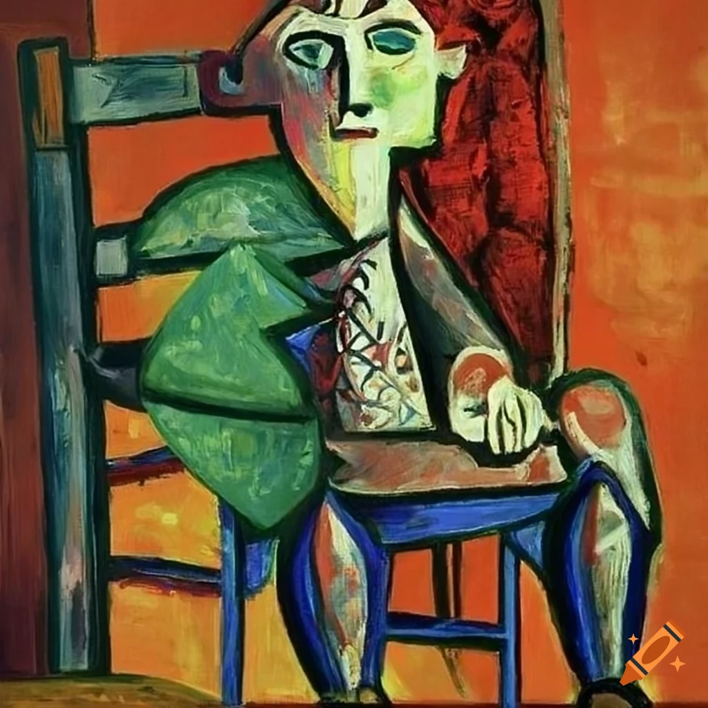 Man sitting on old chair painting by iconic artist pablo picasso on Craiyon