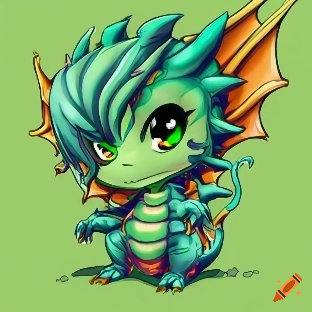 Chibi dragon portrait with green and orange colors on Craiyon