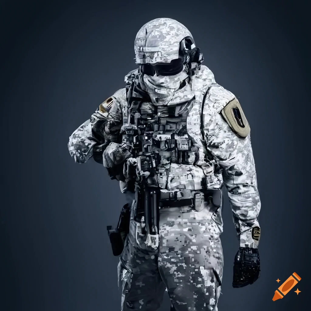 White male high-tech soldier in white camouflage in a snowy background ...