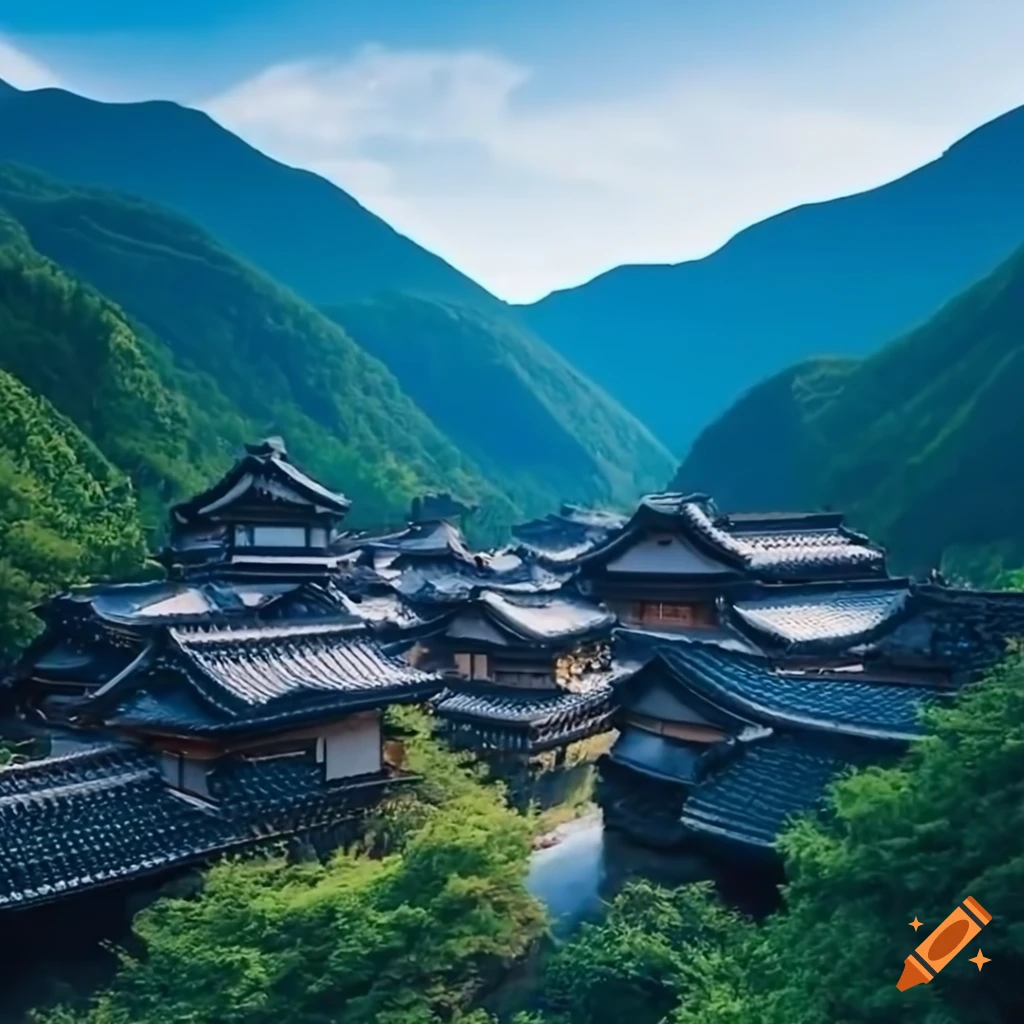 Aerial view of a traditional japanese samurai village nestled in the ...