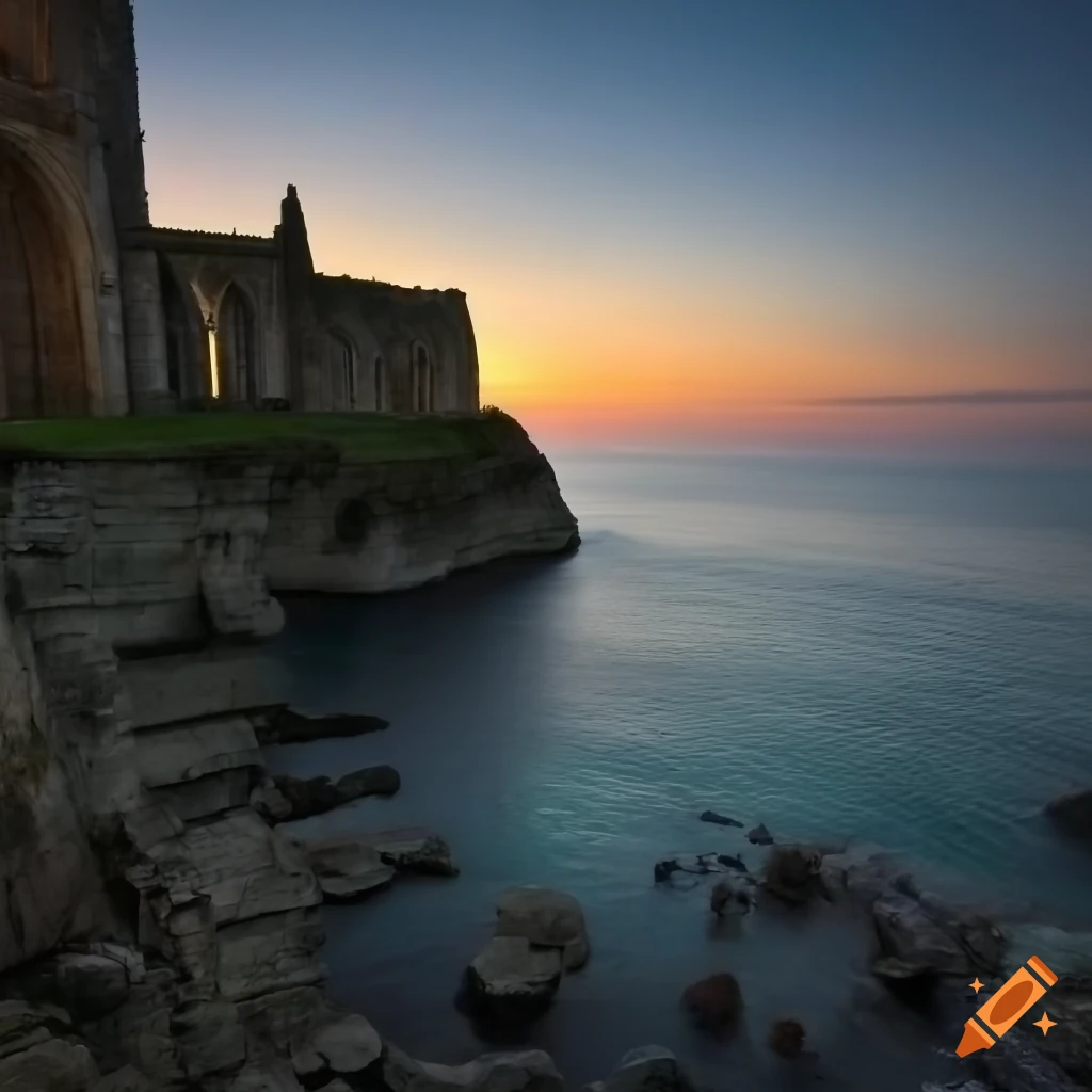 Dramatic abbey on a cliff overlooking the wild ocean with tall stained ...