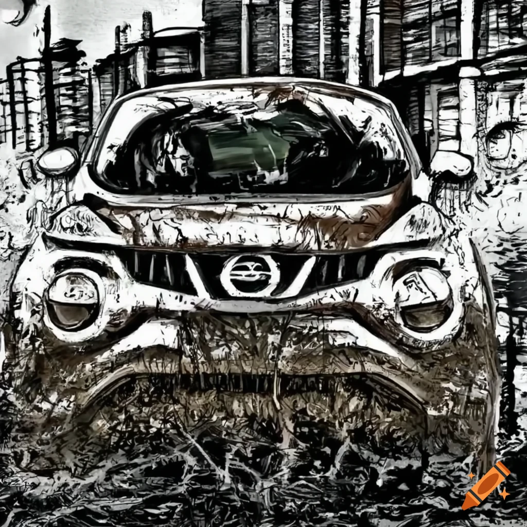 2012 nissan juke in mud black and white drawing on Craiyon