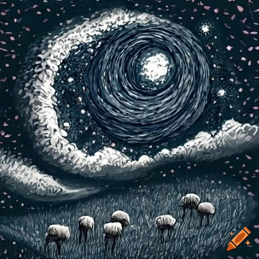 Impressionistic woolen yarn scene of a peaceful meadow with sheep under ...