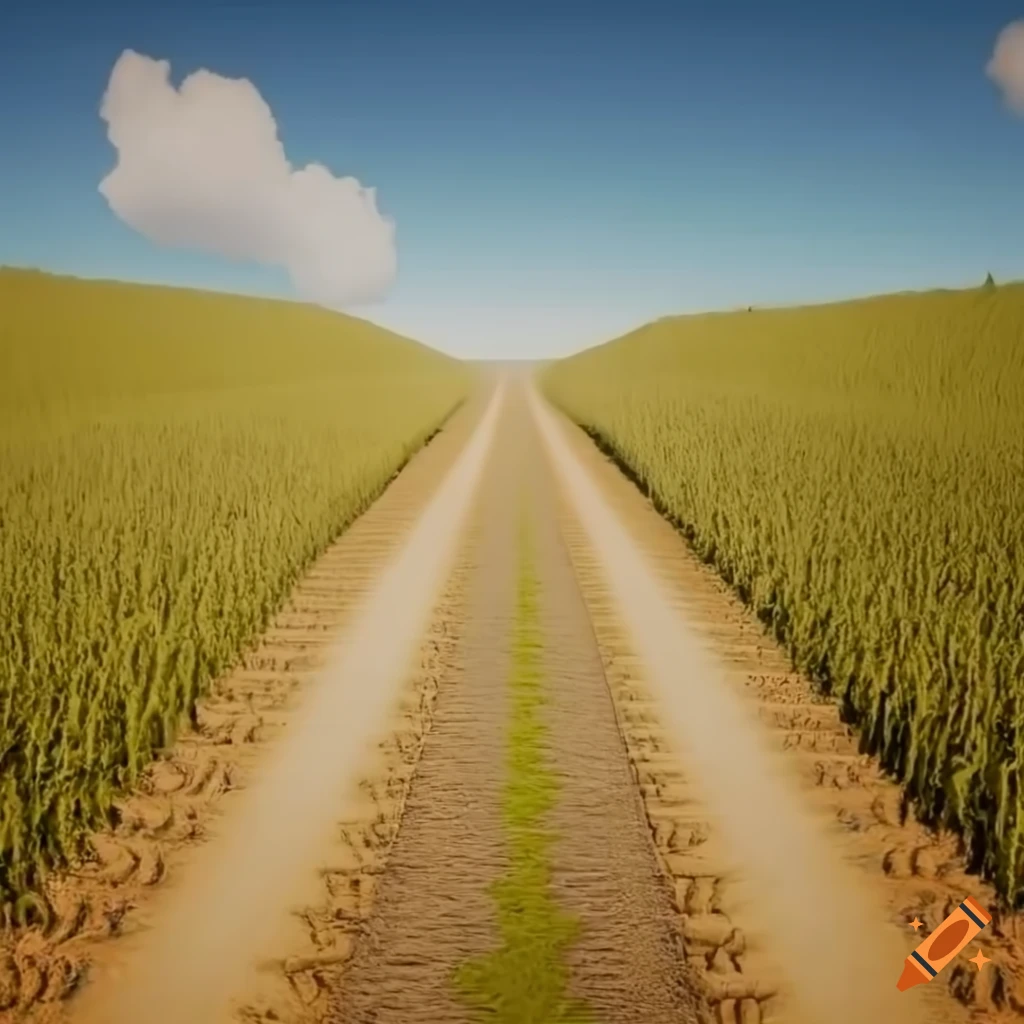 Aerial view of landscape with dirt road, corn fields, and blue sky on Craiyon